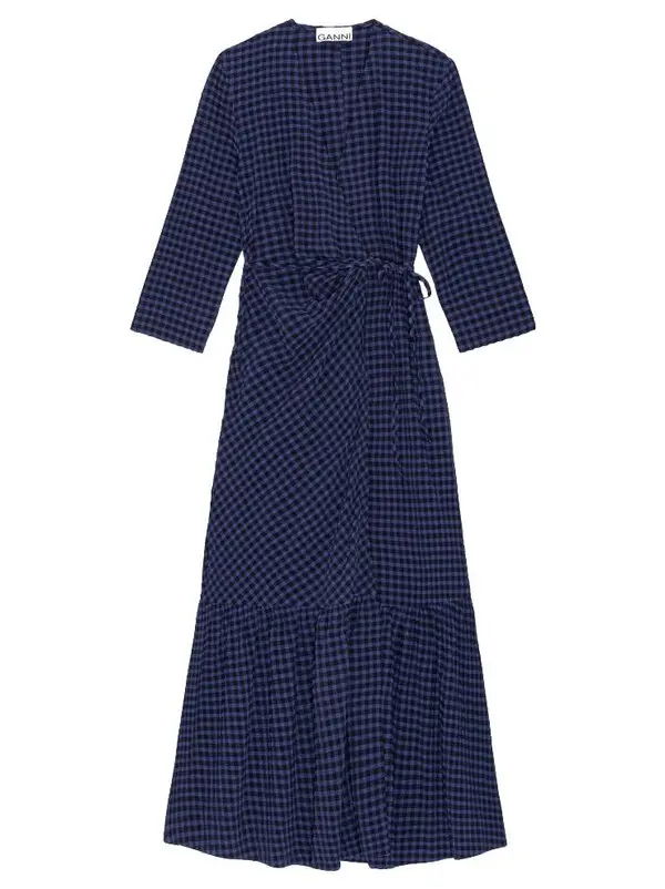 GANNI Seersucker Checkered Midi Wrap Dress - Blue