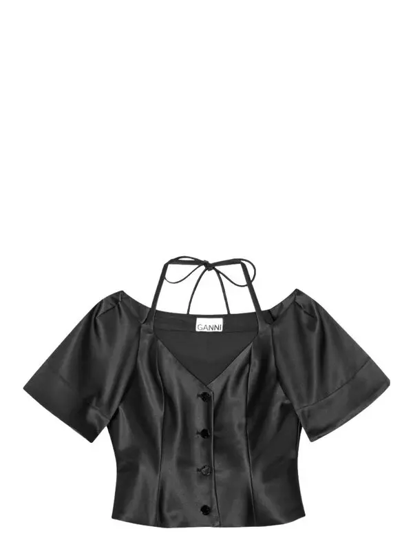 GANNI Halterneck Cropped Satin Blouse - Black