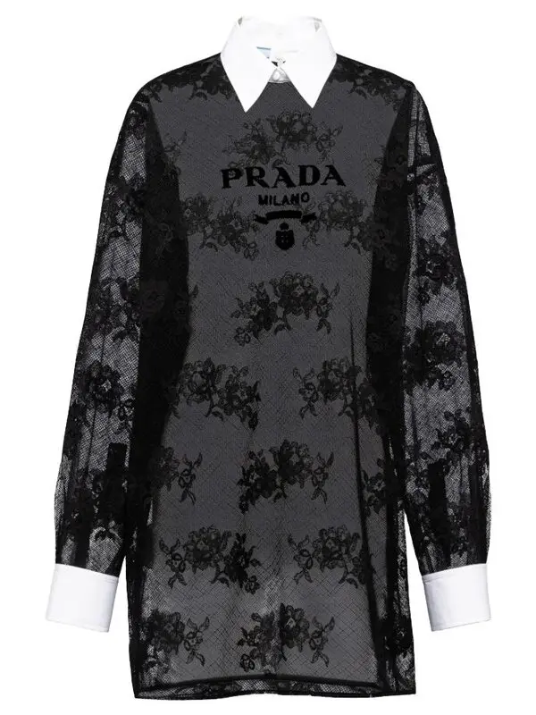 Prada Embroidered Lace And Poplin Mini Dress - Black / White