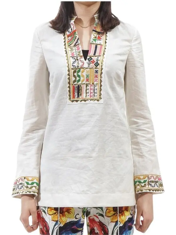 Tory Burch Embroidered V-neck Long Sleeve Shirt - White