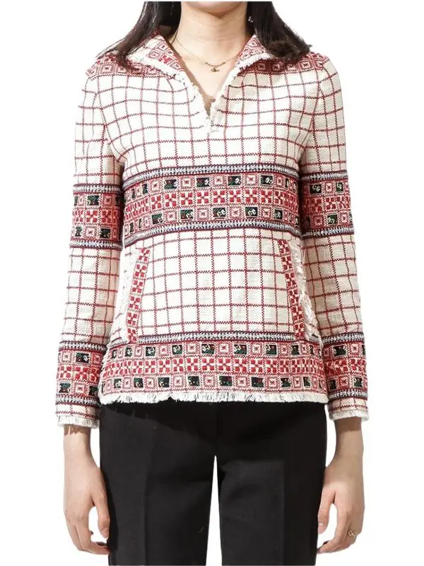 Tory Burch Plaid Long Sleeve Top With Lapel Neck - Pink