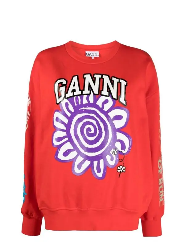 GANNI Floral Print Crewneck Sweatshirt - Red