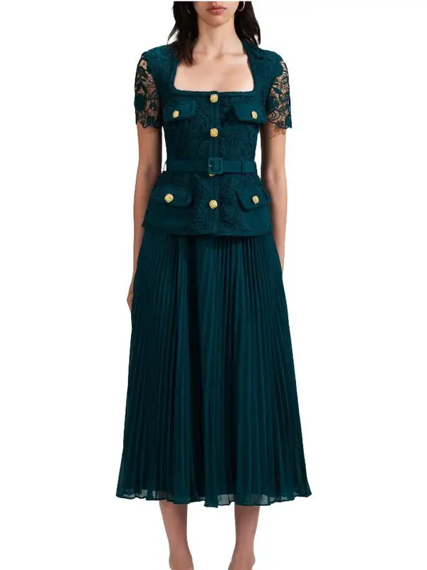 SELF-PORTRAIT Lace Midi Dress With Pleated Skirt - Black