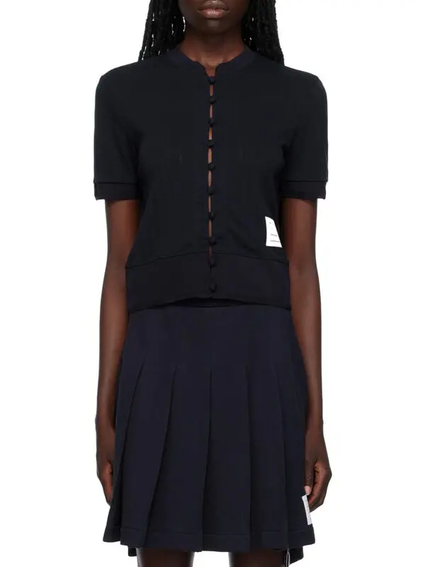 Thom Browne Pointelle Knit Short-sleeve Cardigan With Signature Striped Detail - Navy Blue