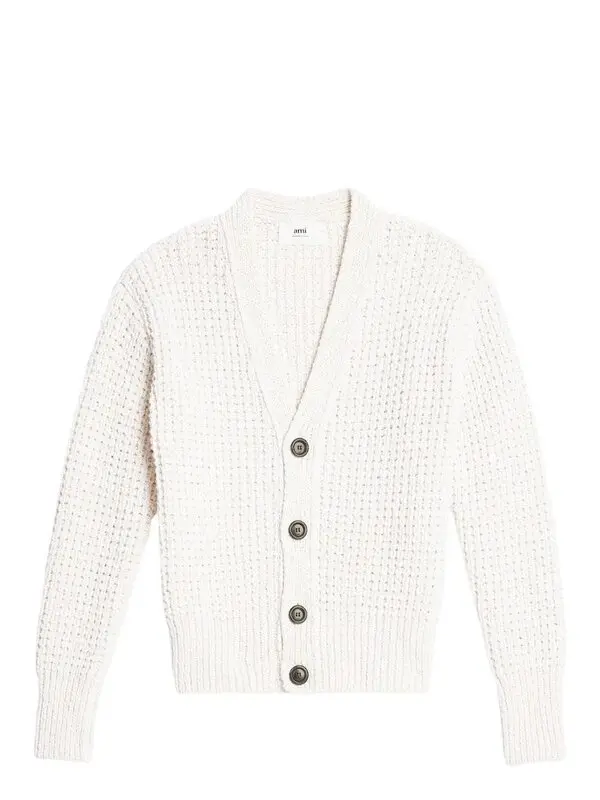 Ami V-neck Knit Cardigan With Rib Details - Nude