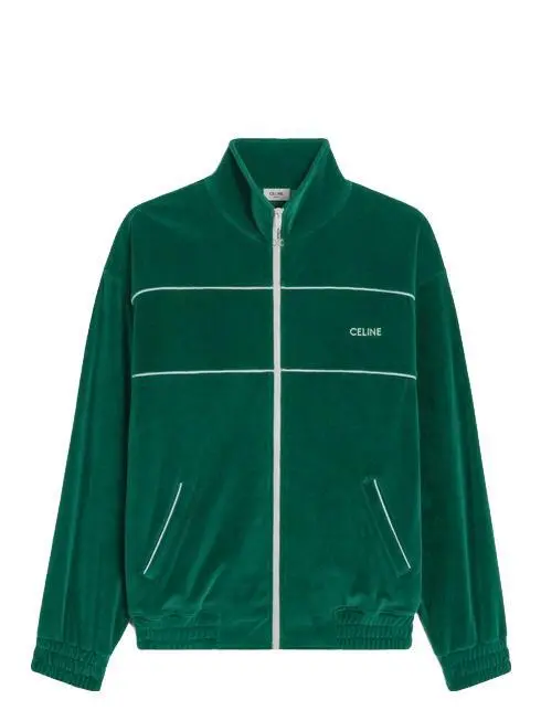 Celine Velvet Track Jacket With High Neck And Contrast Trim - Green