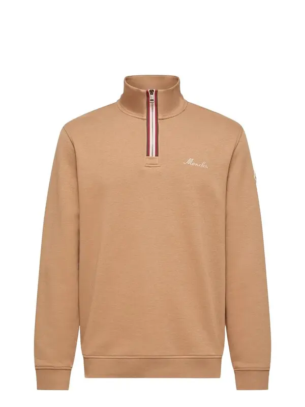 Moncler Embroidered Logo Zip-up High Neck Sweatshirt - Camel Beige