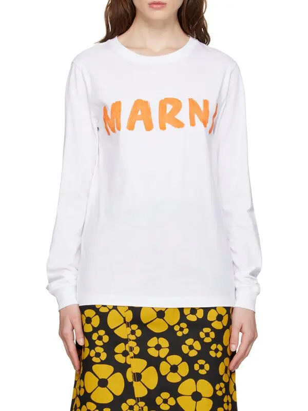 Marni Round Neck Long Sleeve T-shirt With Front Logo - White