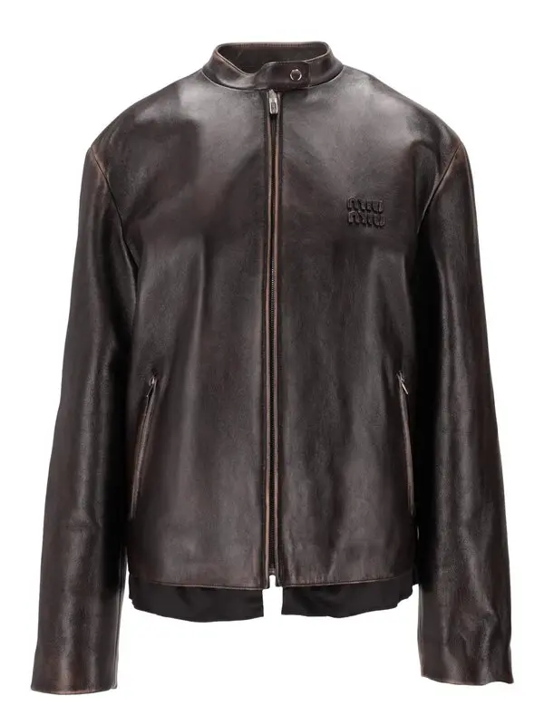 Miu Miu Long-sleeved Leather Jacket - Black