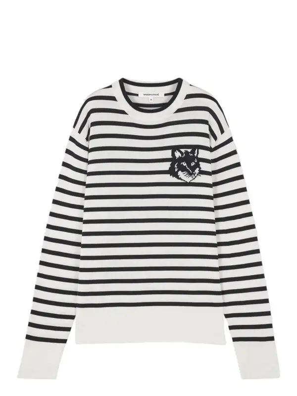 Maison Kitsuné Fox Head Intarsia Striped Long Sleeve Jumper - Dark Blue/off-white Stripe