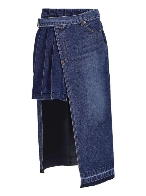 Sacai Overlapping Raw-cut Hem Denim Midi Skirt - Blue