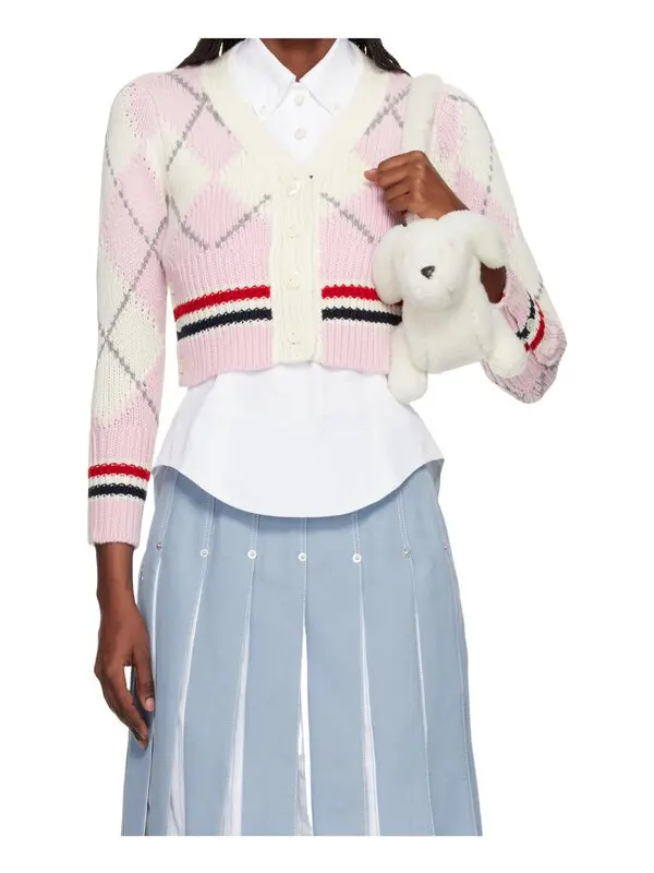 Thom Browne Argyle Intarsia Y-neck Cardigan - Light Pink