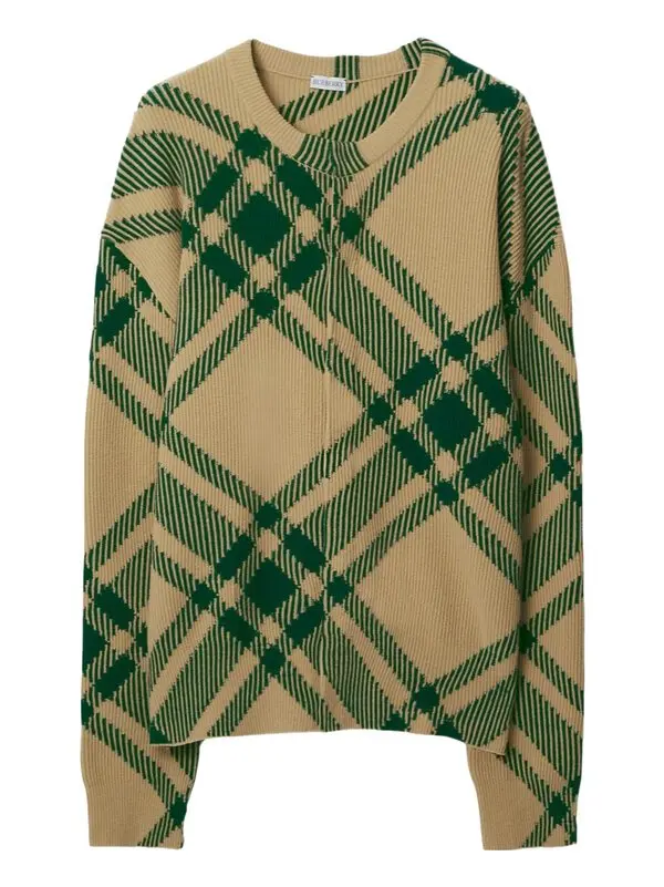 Burberry Checkered Intarsia Knit Crewneck Cardigan - Ivy Green