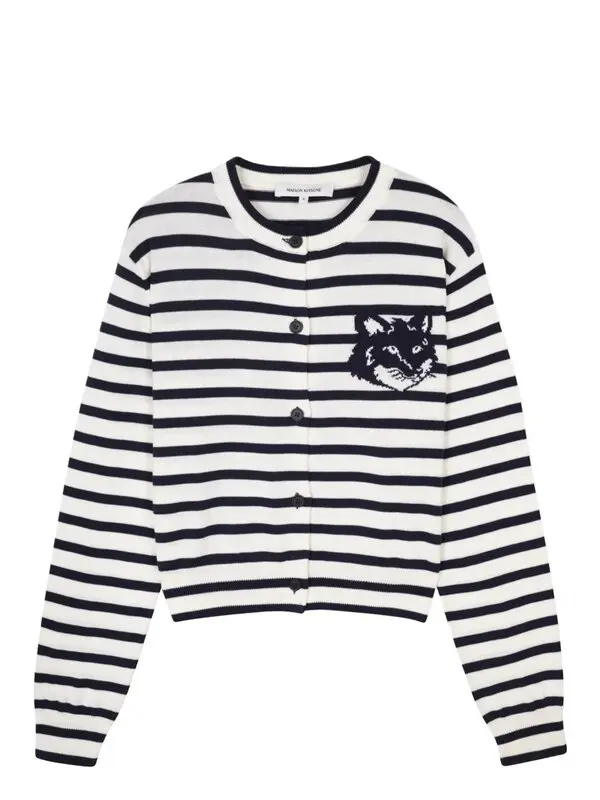 Maison Kitsuné Fox Head Intarsia Striped Cardigan - White