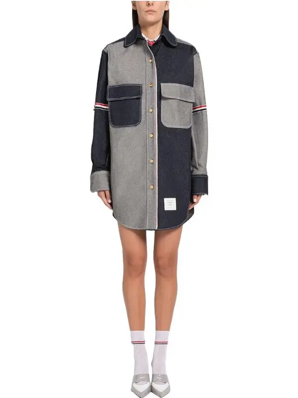 Thom Browne Contrasted Buttoned Shirt Dress - Navy Blue