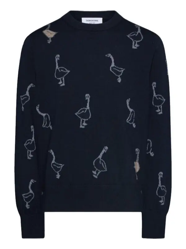 Thom Browne Long Sleeve Crewneck Jumper With Goose Print - Navy Blue