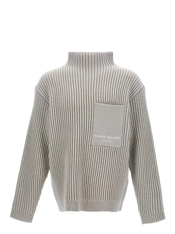 Stone Island High-neck Knitted Jumper With Logo Print Pocket - Gypsum Color