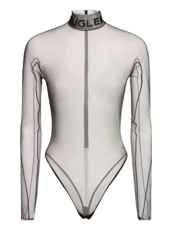 MUGLER Sheer High-neck Long-sleeve Romper - White