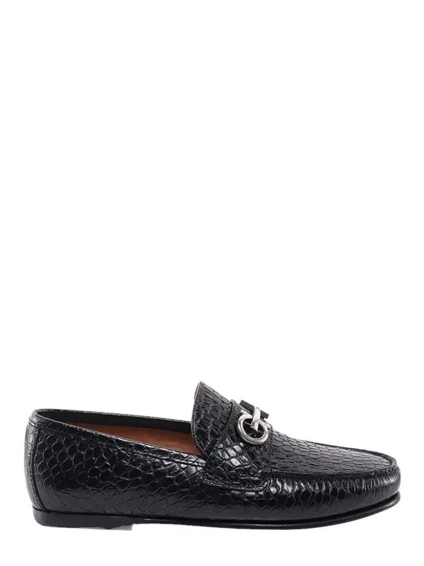 FERRAGAMO Embossed Slip-on Loafers With Horsebit Detail - Black