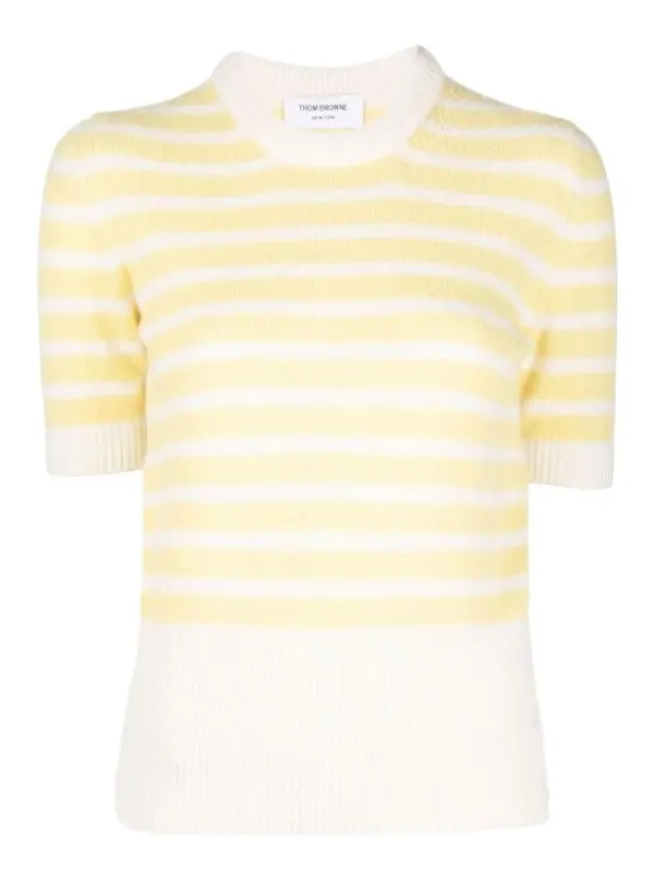 Thom Browne Striped Knit T-shirt With Button Side Slits - White
