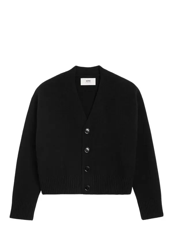 Ami V-neck Cardigan With Embroidered Logo - Black