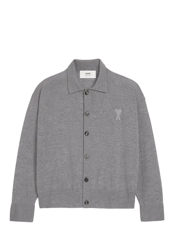 Ami Long-sleeved Button-up Cardigan With De Coeur Embroidery - Gray