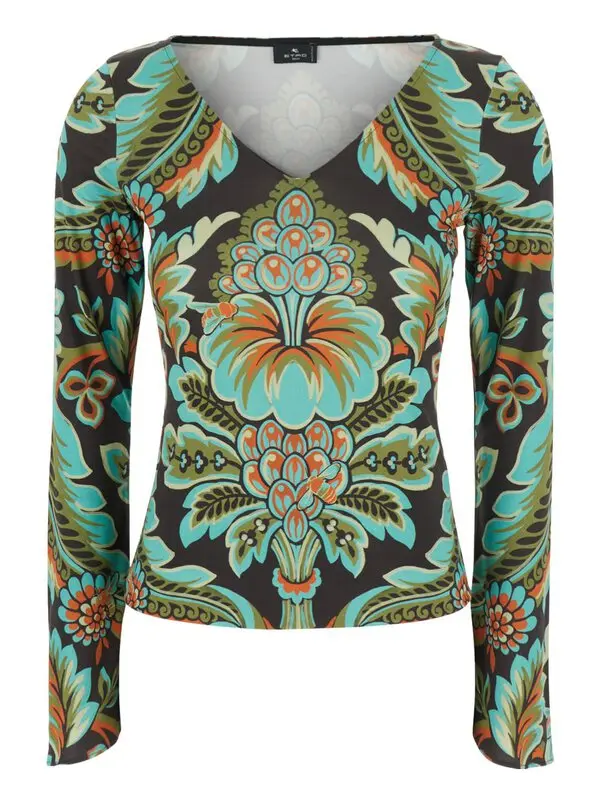 Etro Floral-print Bell-sleeve V-neck T-shirt - Multicolour