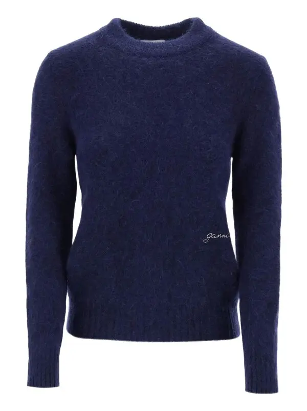 GANNI Embroidered Crewneck Knitted Jumper - Dark Blue