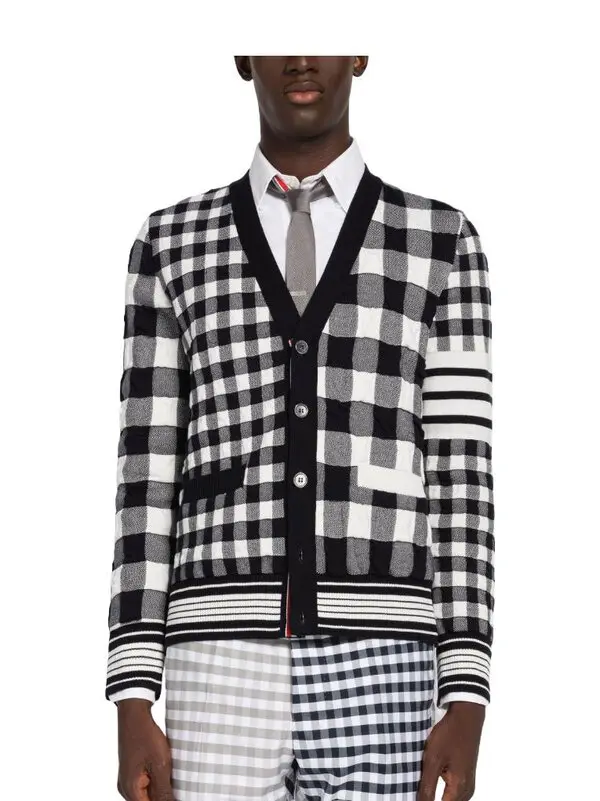 Thom Browne 4-bar Stripe Gingham Check Jacquard Cardigan - Navy Blue