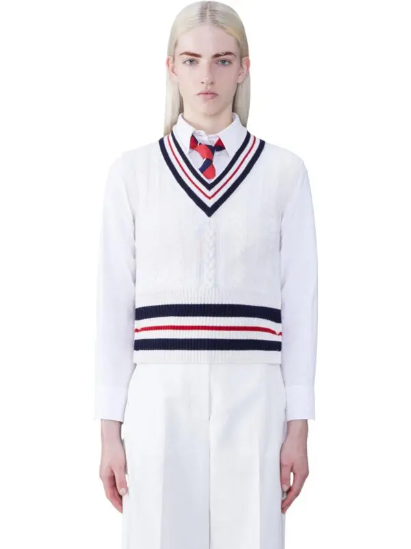 Thom Browne Sleeveless V-neck Cashmere Top With Signature Stripes - White