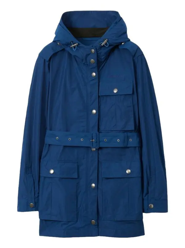 Burberry Belted Hooded Parka With Embroidered Logo - Blue