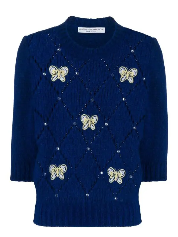 Alessandra Rich Wool Knit Pullover With Butterfly Appliqu - Blue