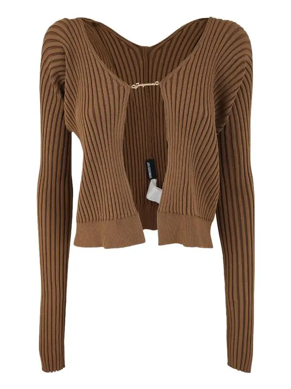 Jacquemus Logo Long Sleeve Ribbed Cardigan - Brown