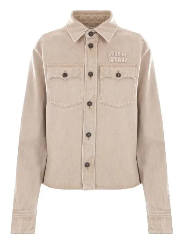 Miu Miu Denim Shirt With Logo Embellishment - Beige