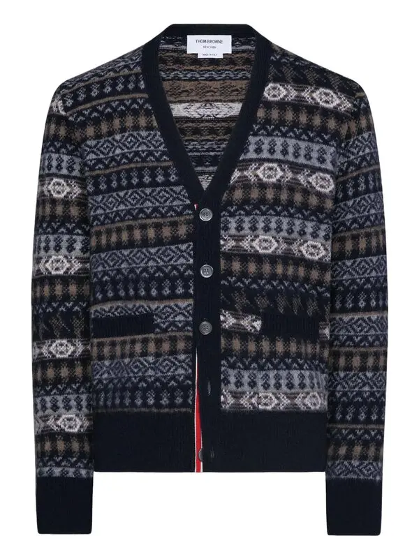 Thom Browne Fair Isle Wool Cardigan With Grosgrain Trim - Navy Blue