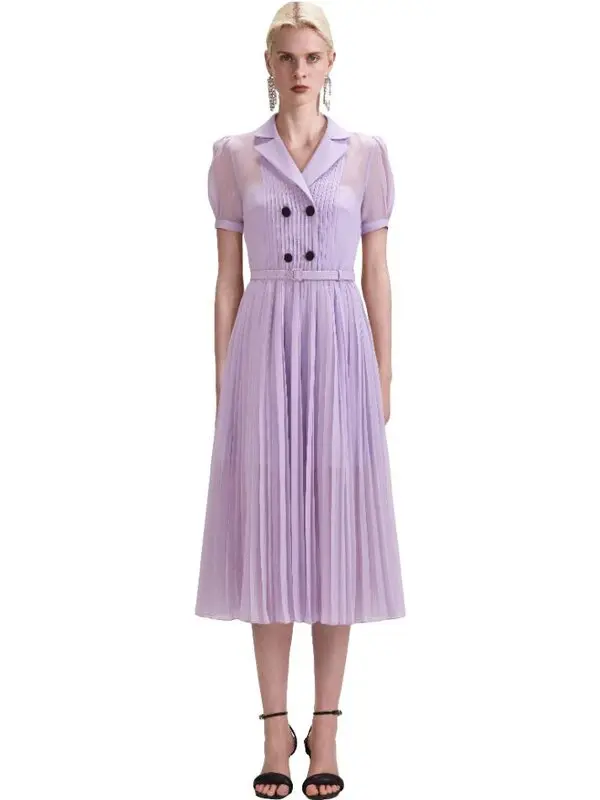 SELF-PORTRAIT Lavender Pleated Midi Dress With Belt - Purple