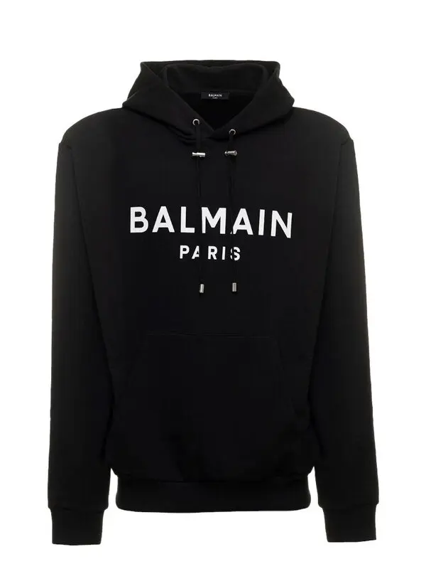 Balmain Logo Printed Drawstring Hoodie - Black