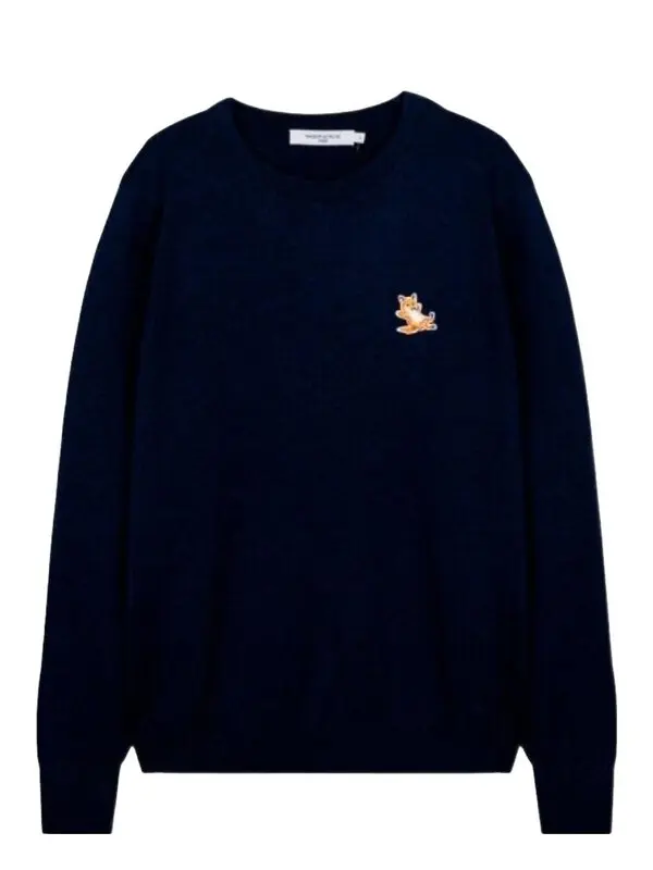 Maison Kitsuné Long Sleeve Crew Neck Sweater With Fox Applique - Black