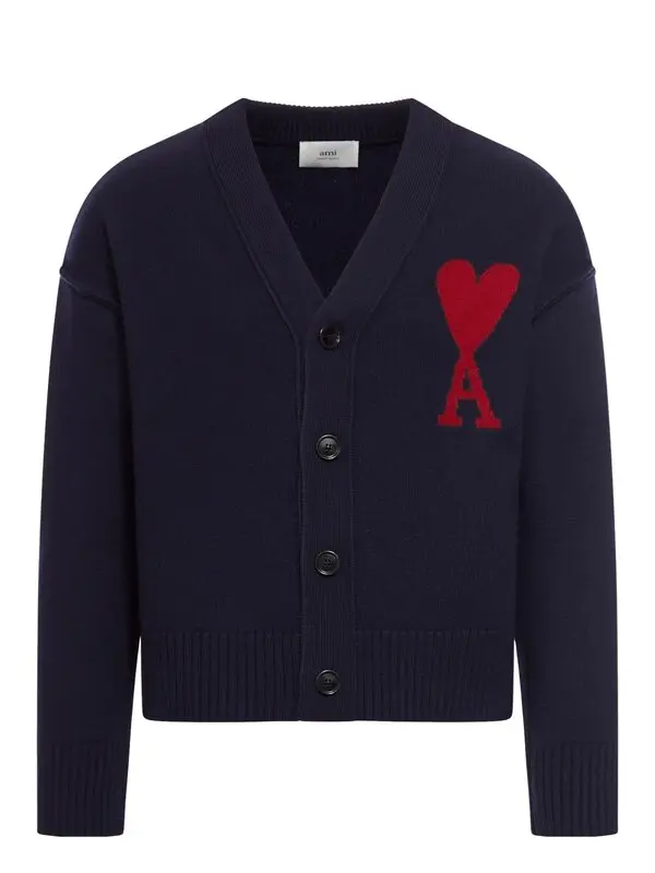 Ami De Coeur Logo Intarsia Knit V-neck Cardigan - Navy Blue