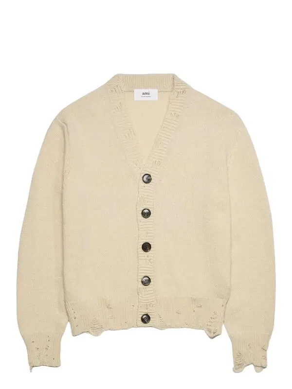 Ami Distressed V-neck Cardigan - Nude