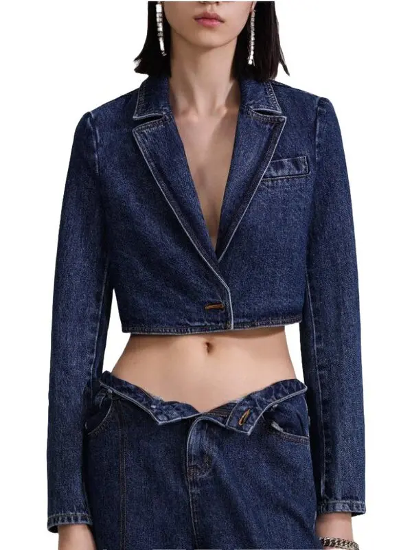 SELF-PORTRAIT V-neck Long-sleeved Denim Jacket - Black