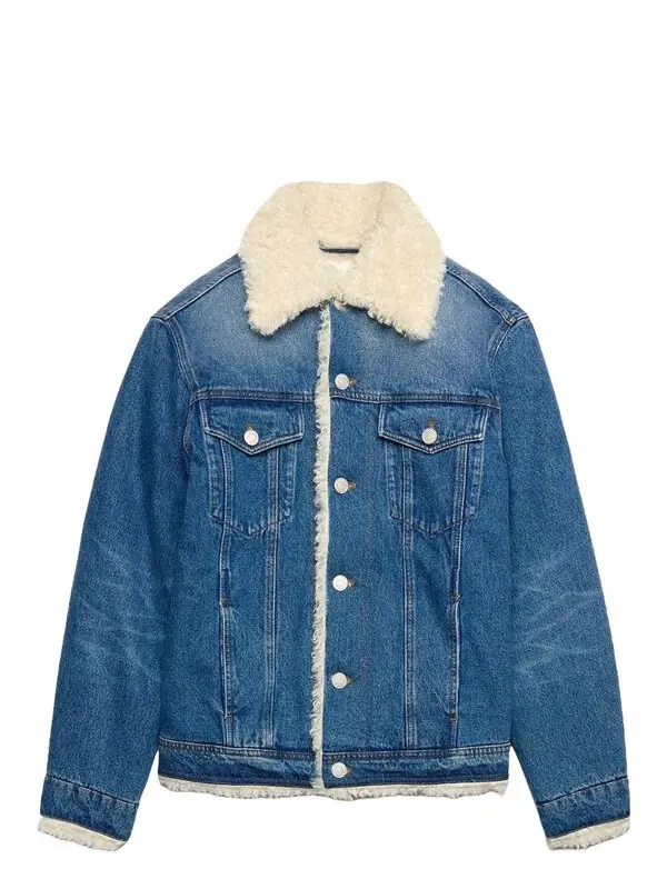 Ami Straight Hem Denim Jacket With Sherpa Lining - Blue