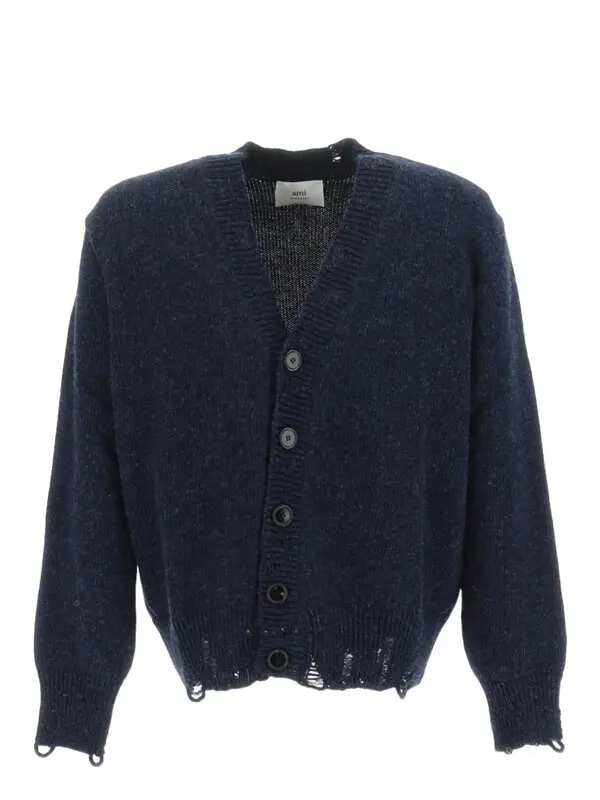 Ami Distressed V-neck Cardigan - Black