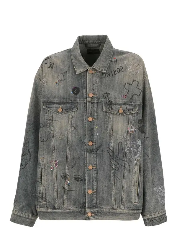 Balenciaga Graffiti Print Denim Jacket - Gray