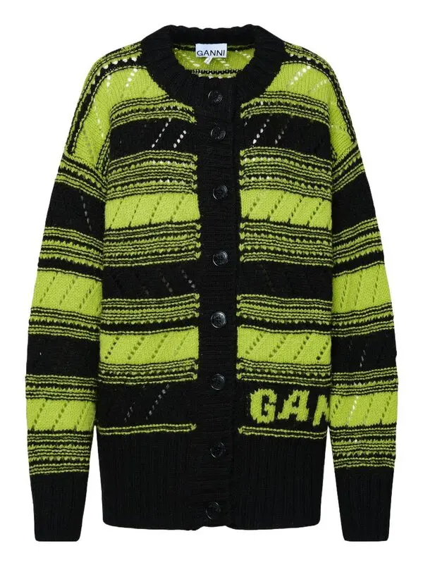 GANNI Logo Intarsia Striped Wool Cardigan - Black