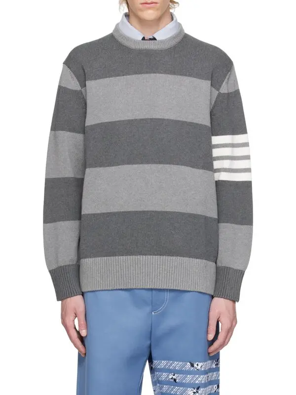 Thom Browne Striped Knit Sweater With Floral Back Detail - Gray