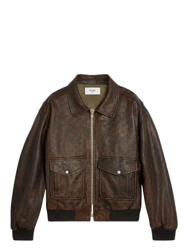 Celine Aviator Blouson Jacket In Embossed Lambskin - Brown