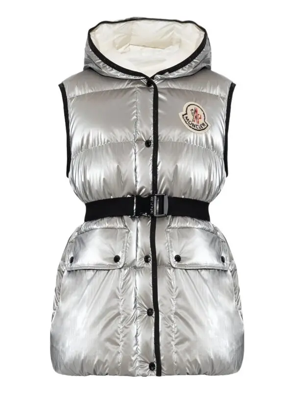 Moncler Hera Hooded Quilted Down Vest With Belt Detail - Silver