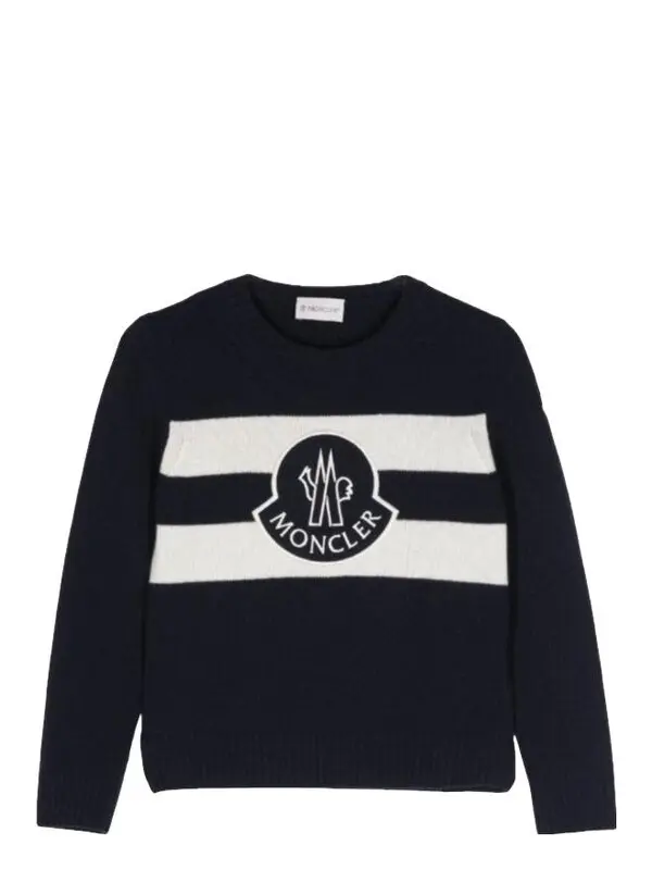 Moncler Logo Patch Striped Crewneck Jumper - Navy Blue