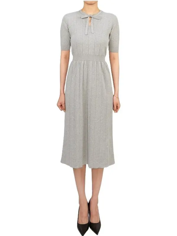 Thom Browne Round Neck Ribbed Knit Midi Dress With Tie Detail - Nude